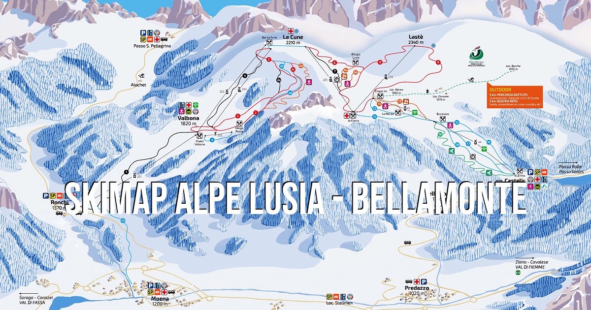 Skimap Alpe Lusia (Moena) - Bellamonte: mappa con le piste da sci e ...